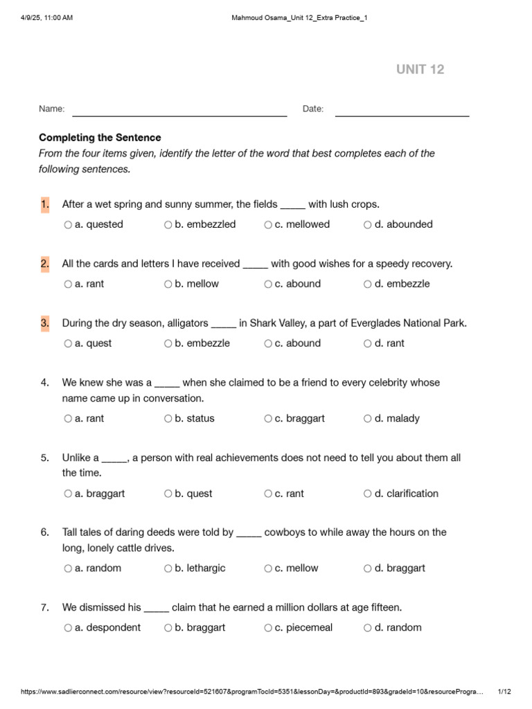 Vocabulary - Unit 12 - Extra Practice | PDF