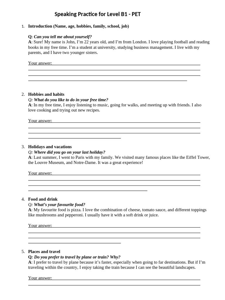 B1 Speaking Practice: Personal Topics | PDF