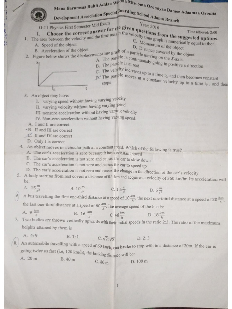 1st Sem g11 Physics Mid Exam | PDF