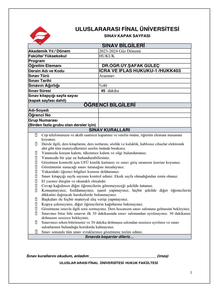 UFÜ İCRA İFLAS1 VİZE 2023-2024 | PDF