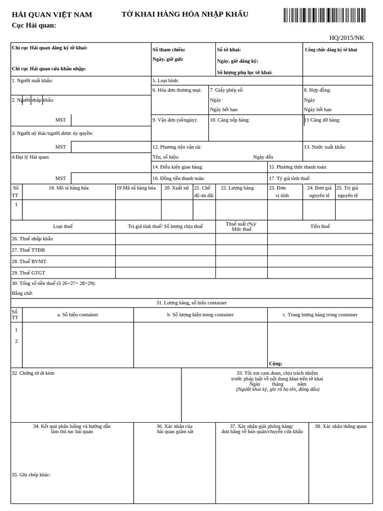 To Khai Hai Quan Phu Luc To Khai Hai Quan Hang Hoa Nhap Khau | PDF