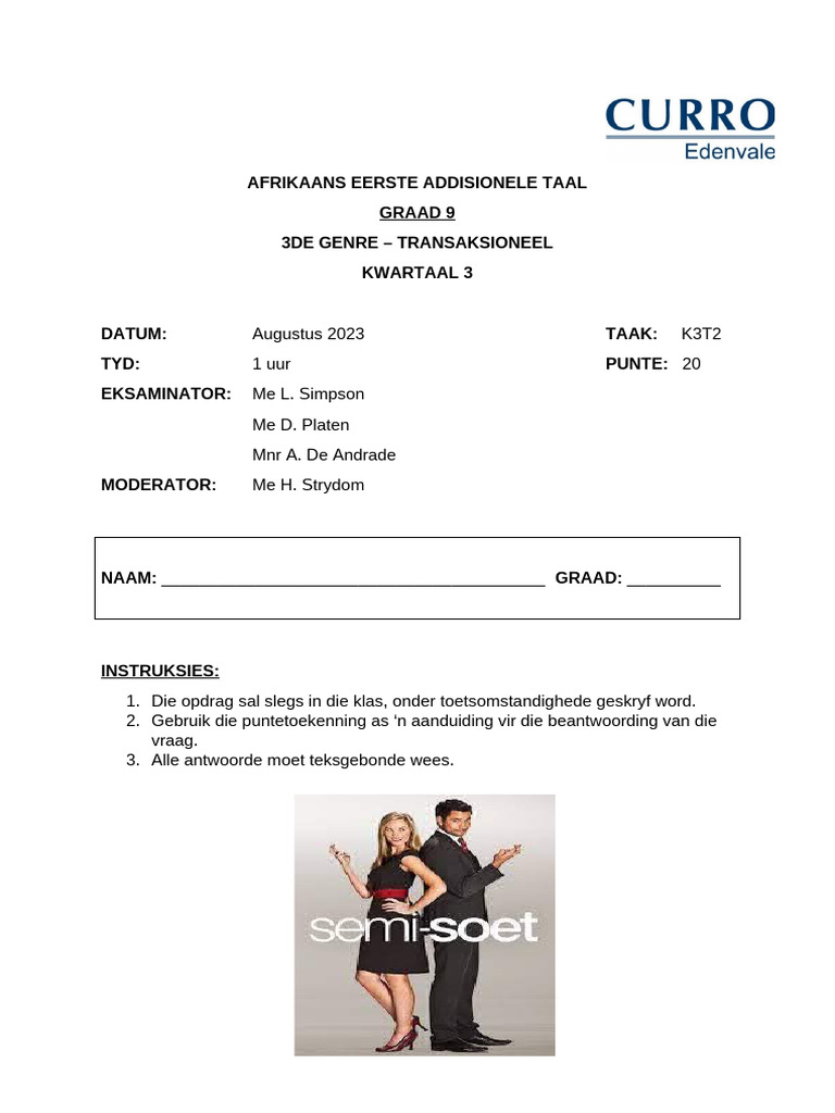 Graad 9 Semi-Soet - Transaksioneel Taak | PDF