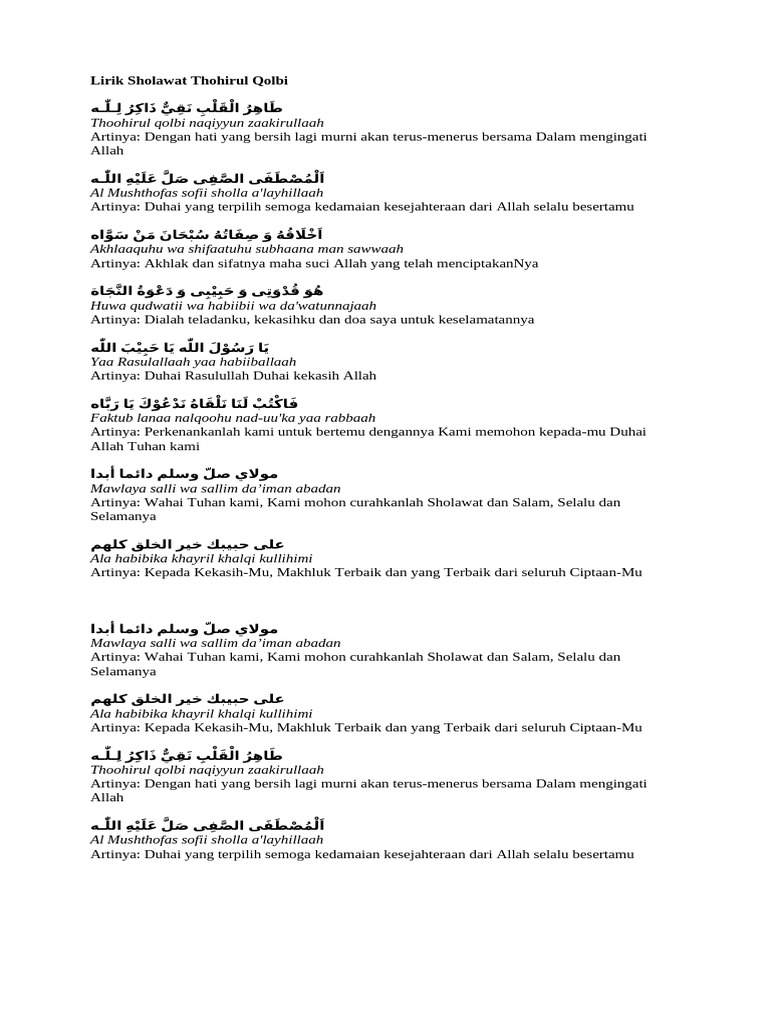 Lirik Sholawat Thohirul Qolbi | PDF