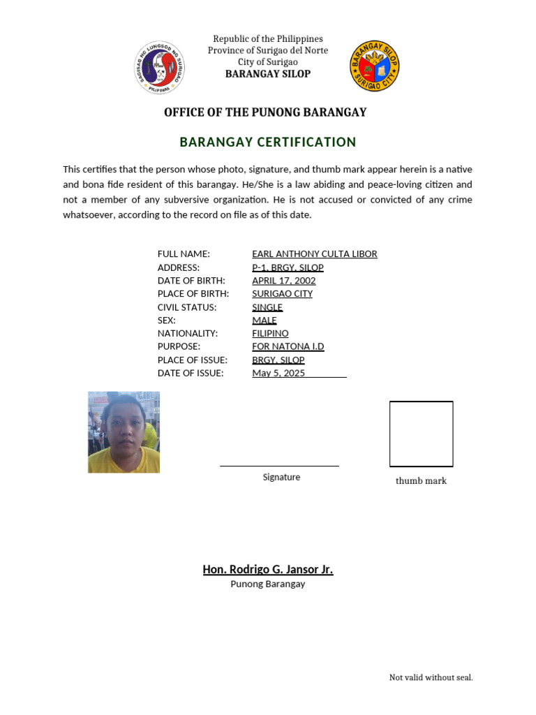 Barangay Certification National ID Format 1 | PDF