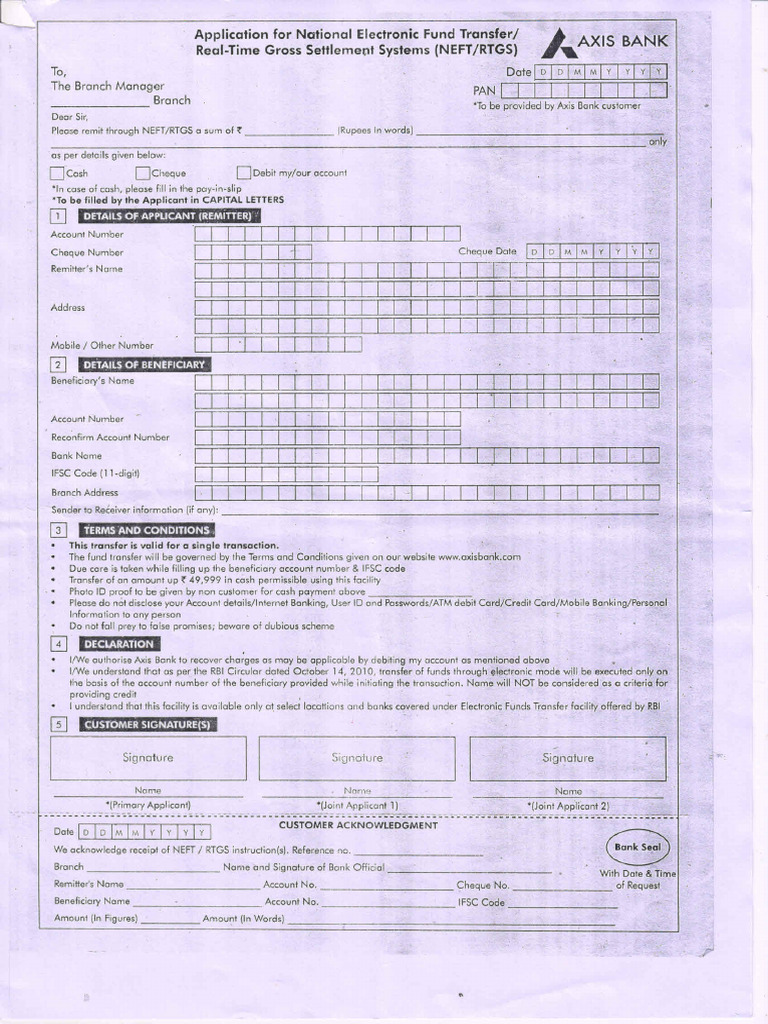 Axis Bank RTGS Form | PDF