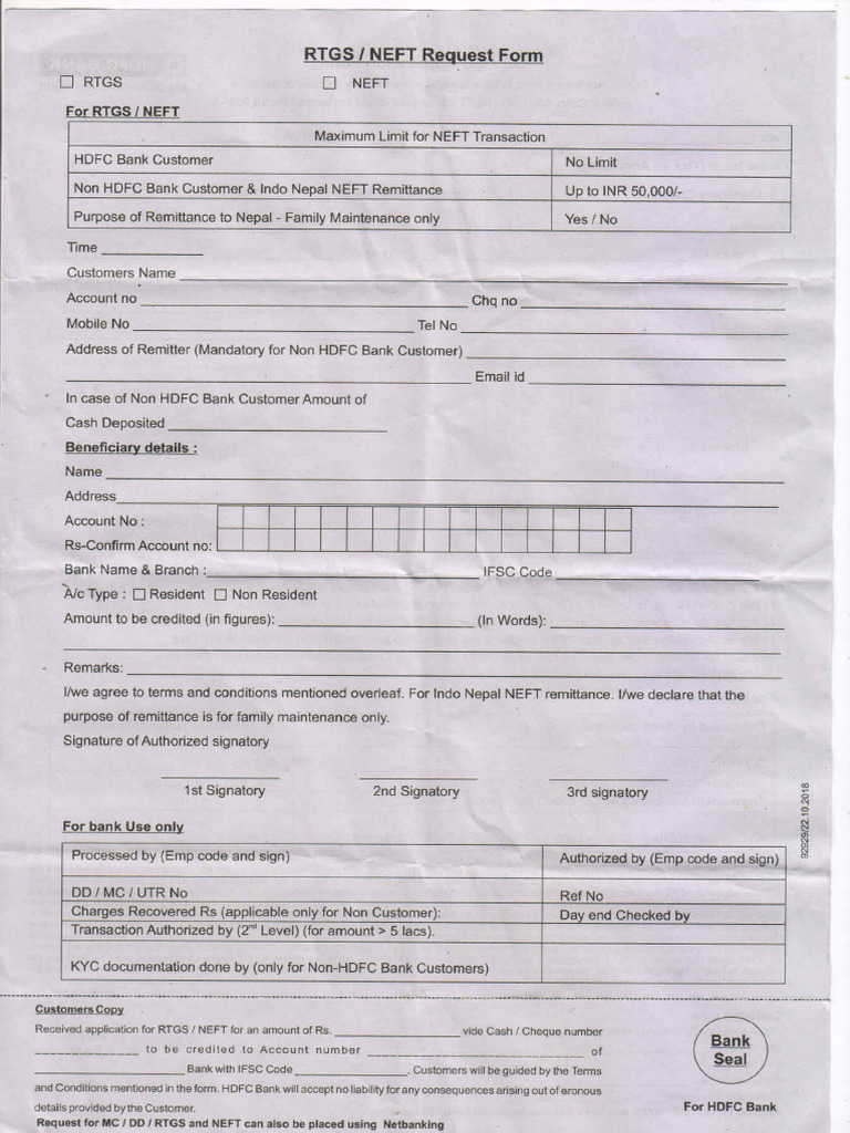 HDFC RTGS Form | PDF