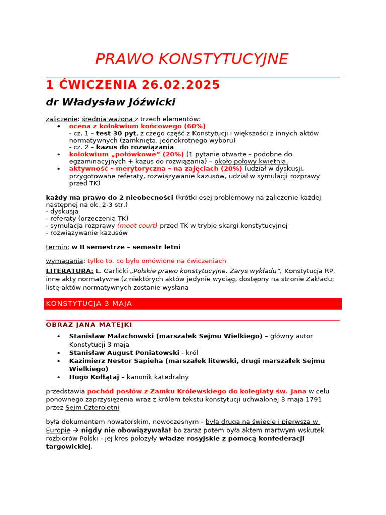 Prawo Konstytucyjne Ćwiczenia | PDF