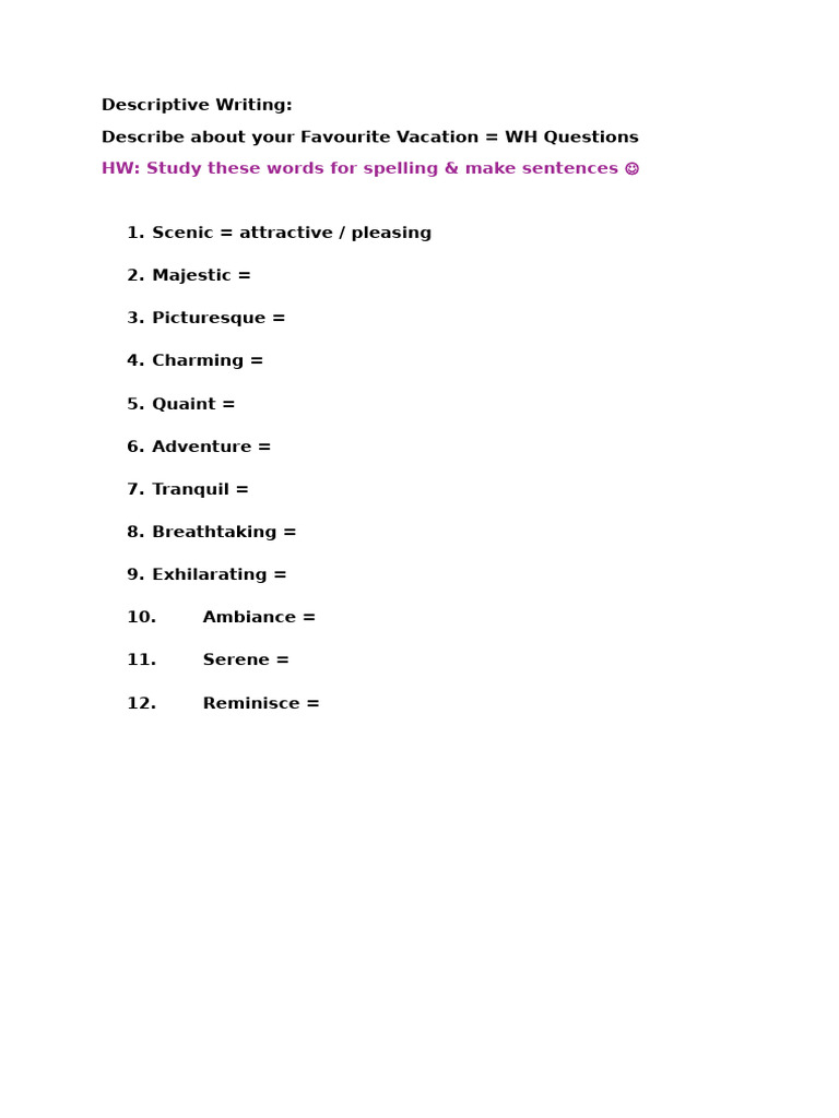Vocabs To Describe About Your Favourite Vacation-1 | PDF