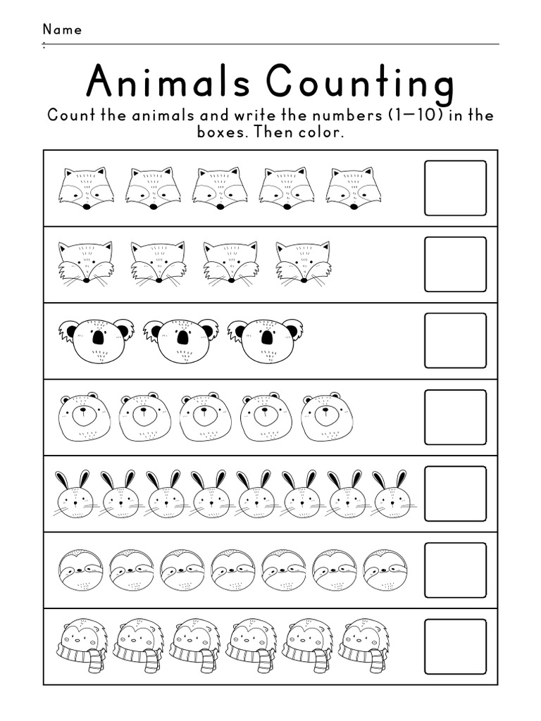 Animals Counting Math Worksheet in Monochromatic Illustrative Style | PDF