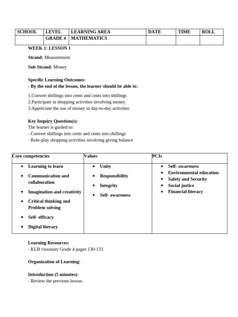 GR 4 Mathematics Lesson Plans Term 3 | PDF | Learning | Mentorship