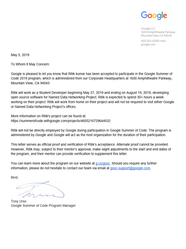 GSoC 2019 Acceptance Verification Letter For Ritik Kumar PDF | PDF