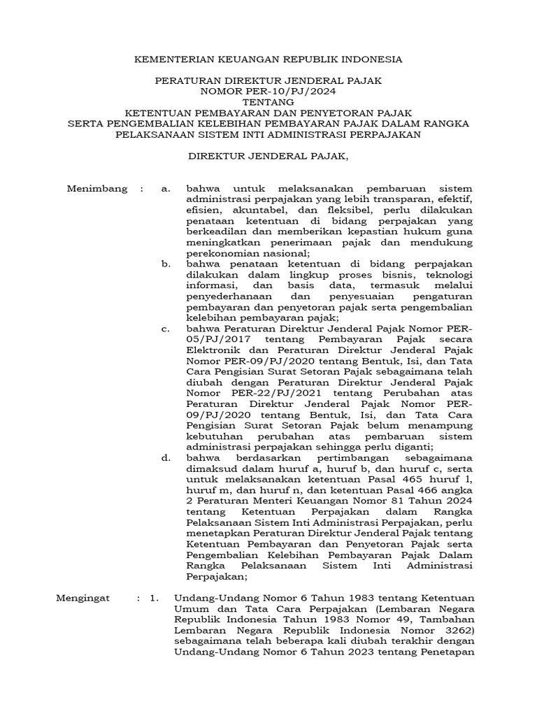 Per-10 PJ 2024 Ketentuan Pembayaran Dan Penyetoran 250212 200132 | PDF