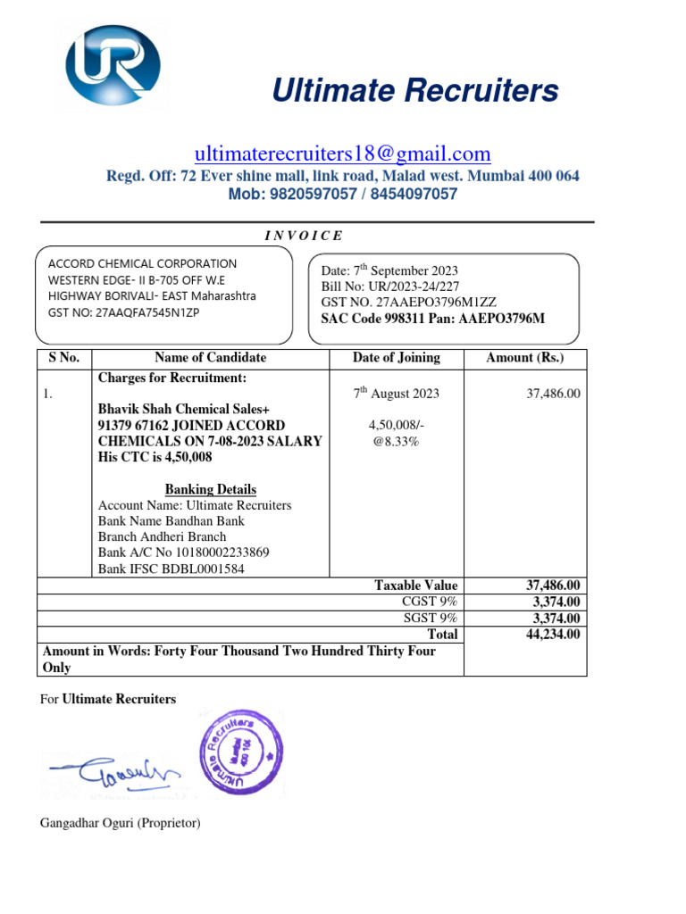 Ur - 227 Invoice for Accord Chemical Bhavik Shah | PDF