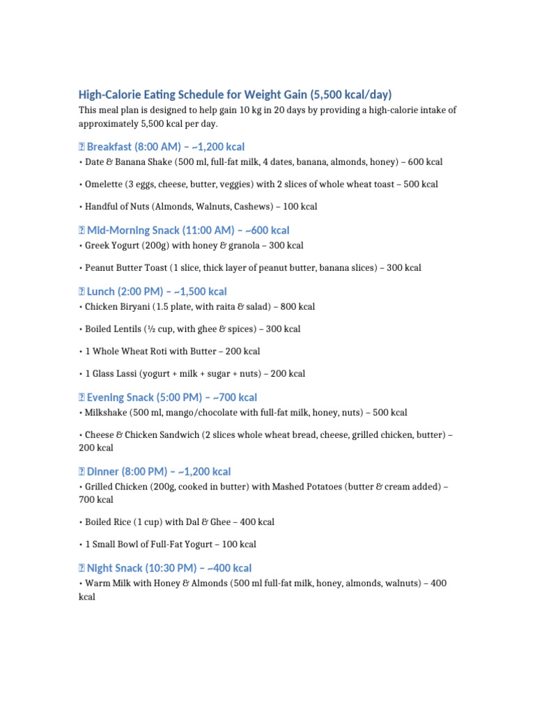 High Calorie Eating Schedule | PDF