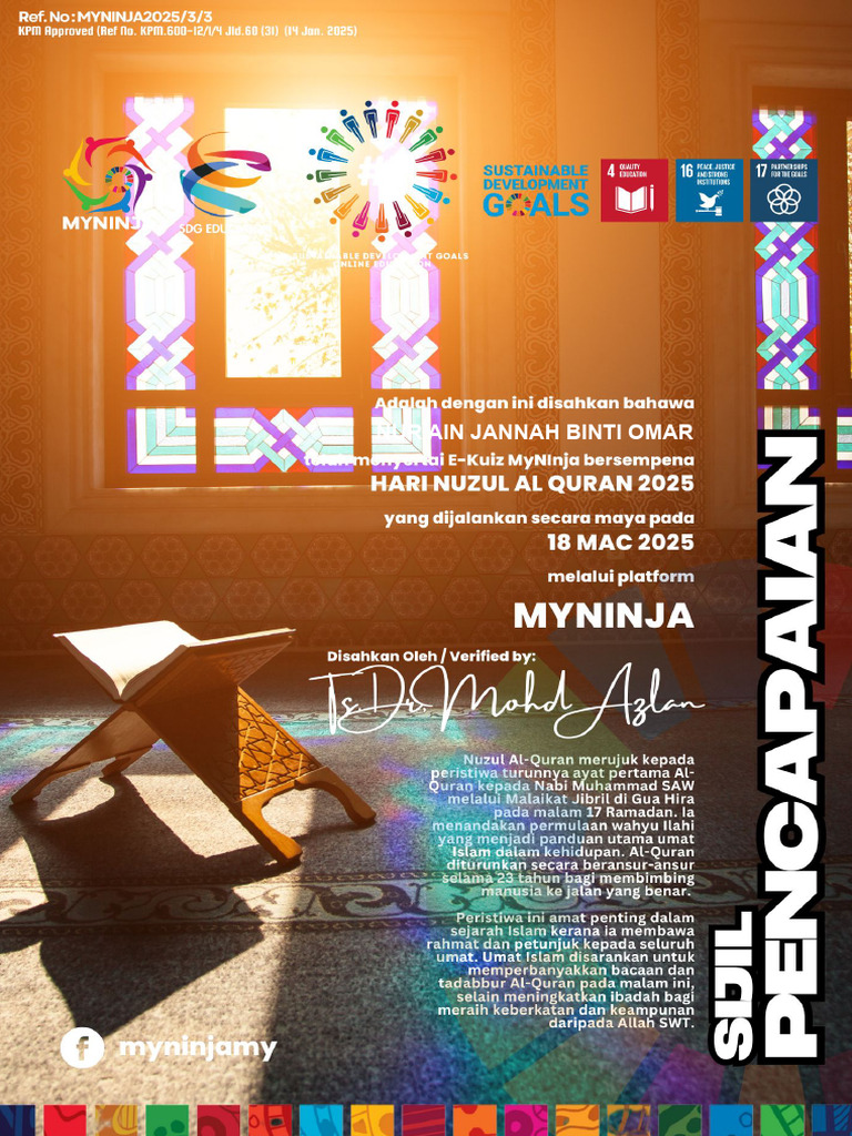 Certificate For NUR AIN JANNAH BINTI OMAR For MyNinja - Kuiz Nuzul ...