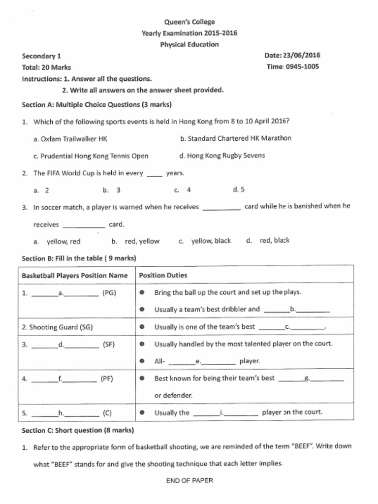 S1 2015-16 YE PE Q Ans Ans Sheet | PDF