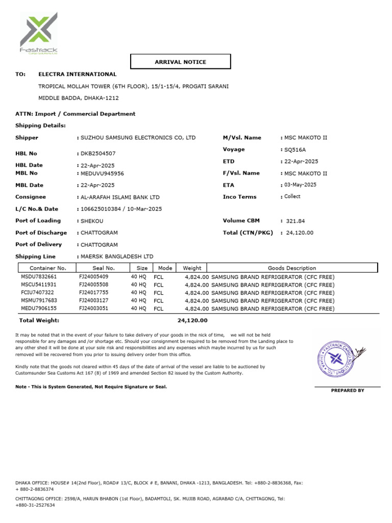 Arrival Notice of Electra International Dkb2504507 | PDF | Ships ...