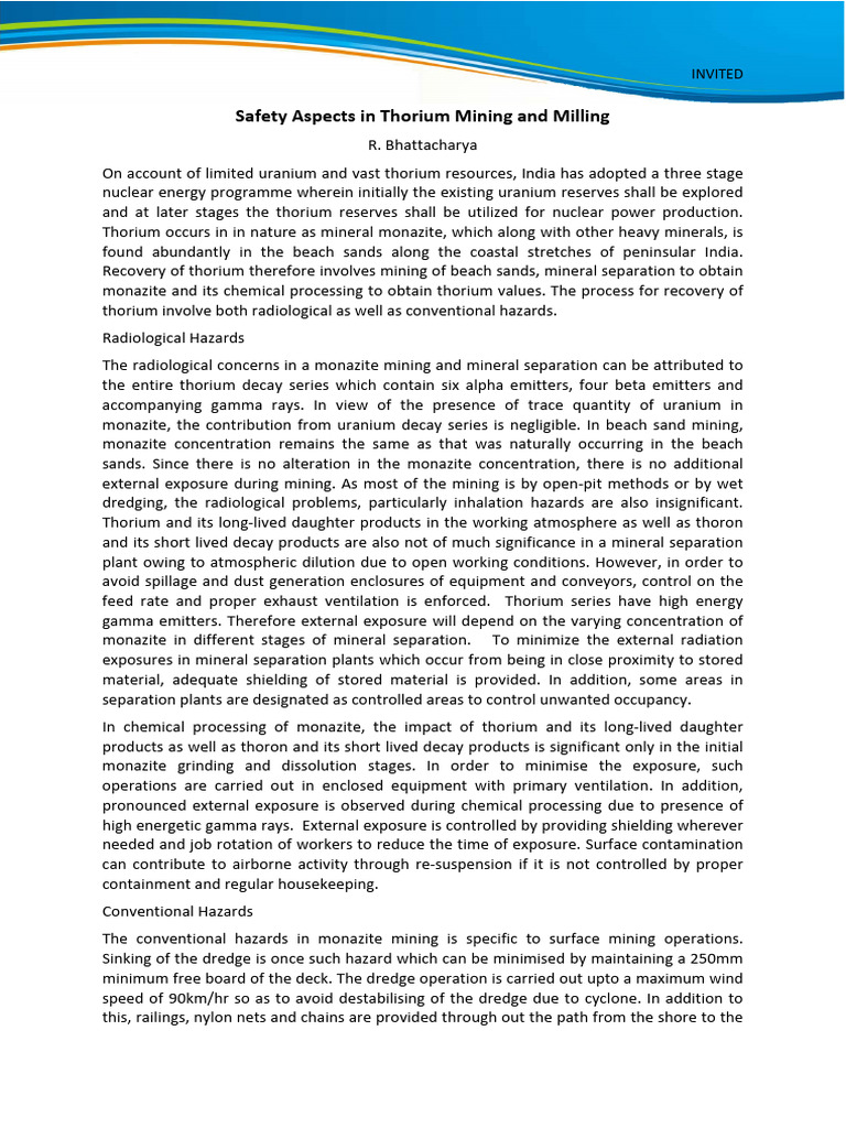 Safety Aspects in Thorium Mining and Milling by Shri R. Bhattacharya ...