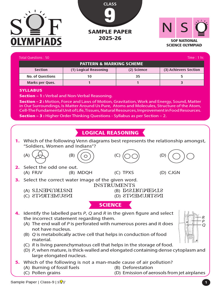 Nso Sample Paper Class-9 2025-26 | PDF | Atomic Nucleus | Physics