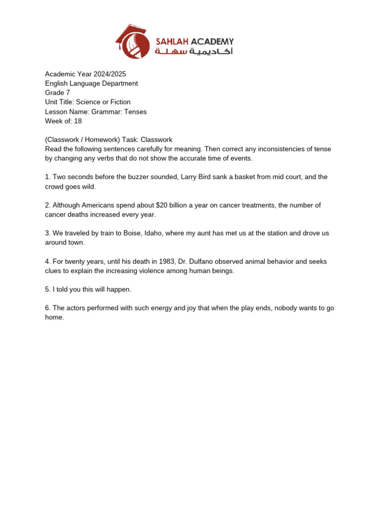 Grade 7 Unit 4 Science or Fiction Week 18 (May 5-9) Lesson 2 Grammar CW ...