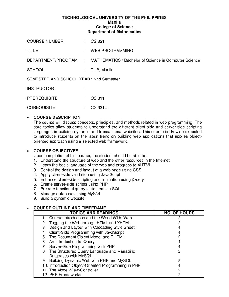 Course Syllabus Web Programming Dynamic Web Page Php 9986