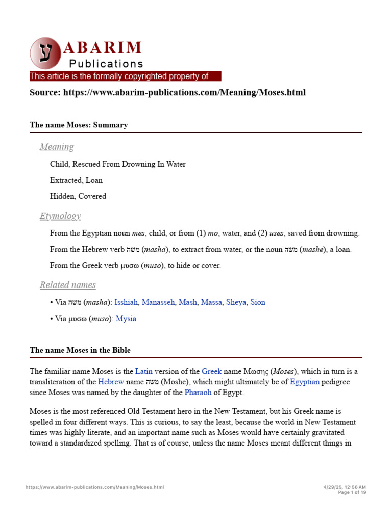 Moses - The Amazing Name Moses - Meaning and Etymology | PDF | Moses ...