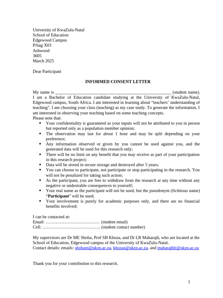 Informed Consent Letter | PDF | Learning | Cognition