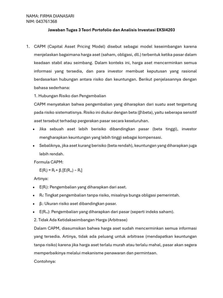 Jawaban Tugas 3 Teori Portofolio Dan Analisis Investasi EKSI4203 | PDF