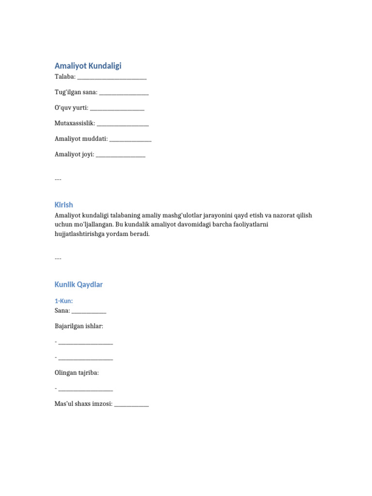 Amaliyot Kundaligi | PDF