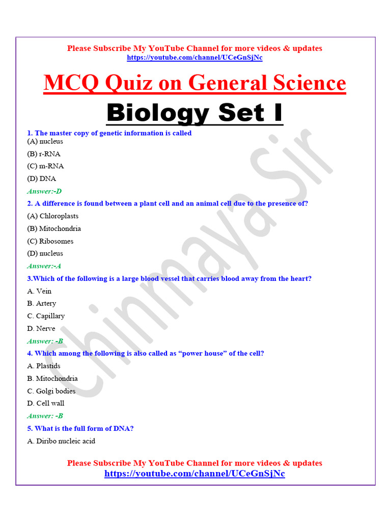 General Science MCQ Quiz with Answers | PDF | Hormone | Cell (Biology)
