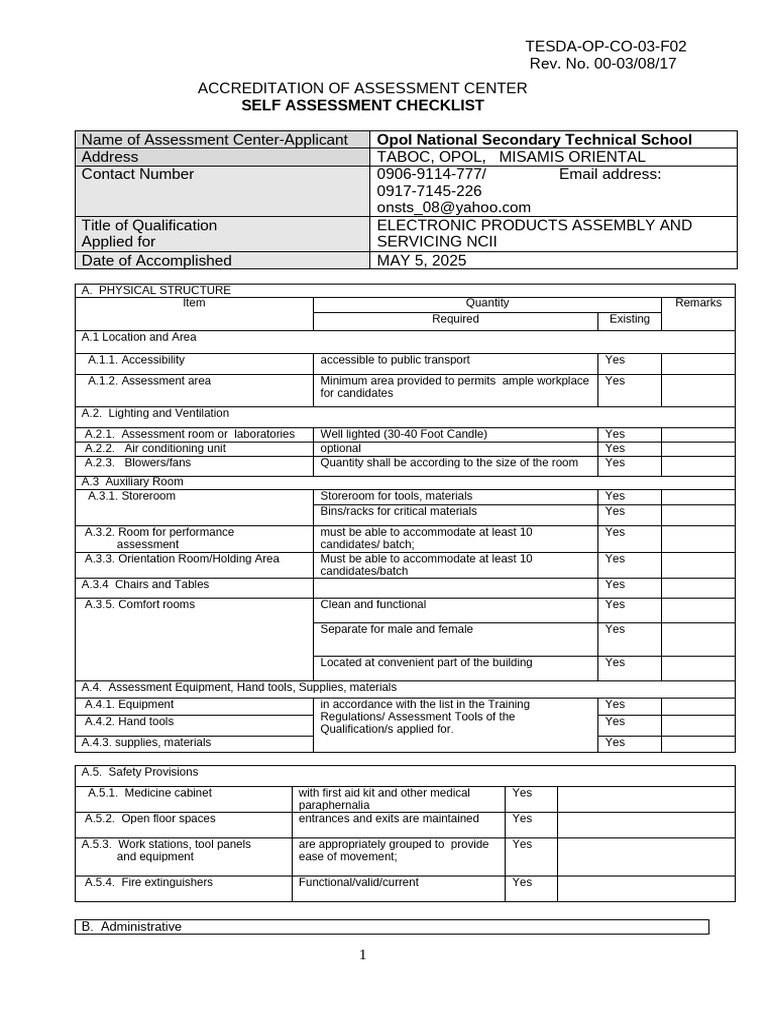 Self Assessment Checklist Tesda | PDF