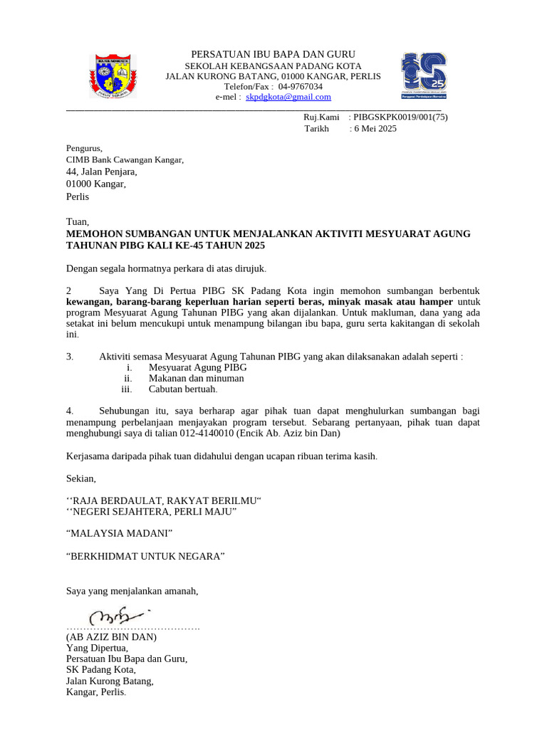 Memohon Sumbangan Untuk Mat Pibg SK Padang Kota | PDF