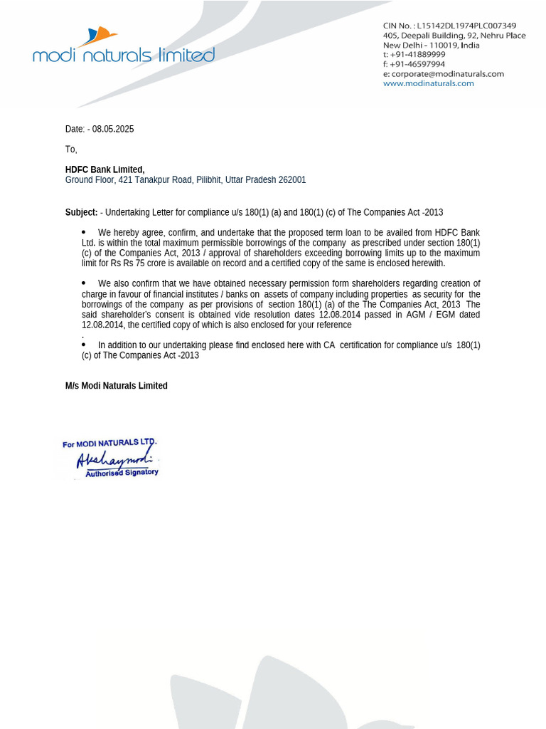 Undertaking For Sec 180 1 (A) and (C) - DOC25CUS0094252-0002 | PDF