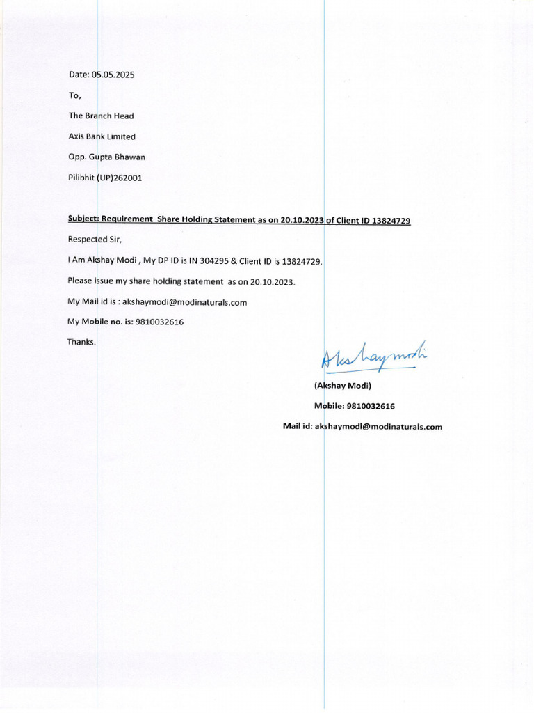Letter for Statement of Holding | PDF