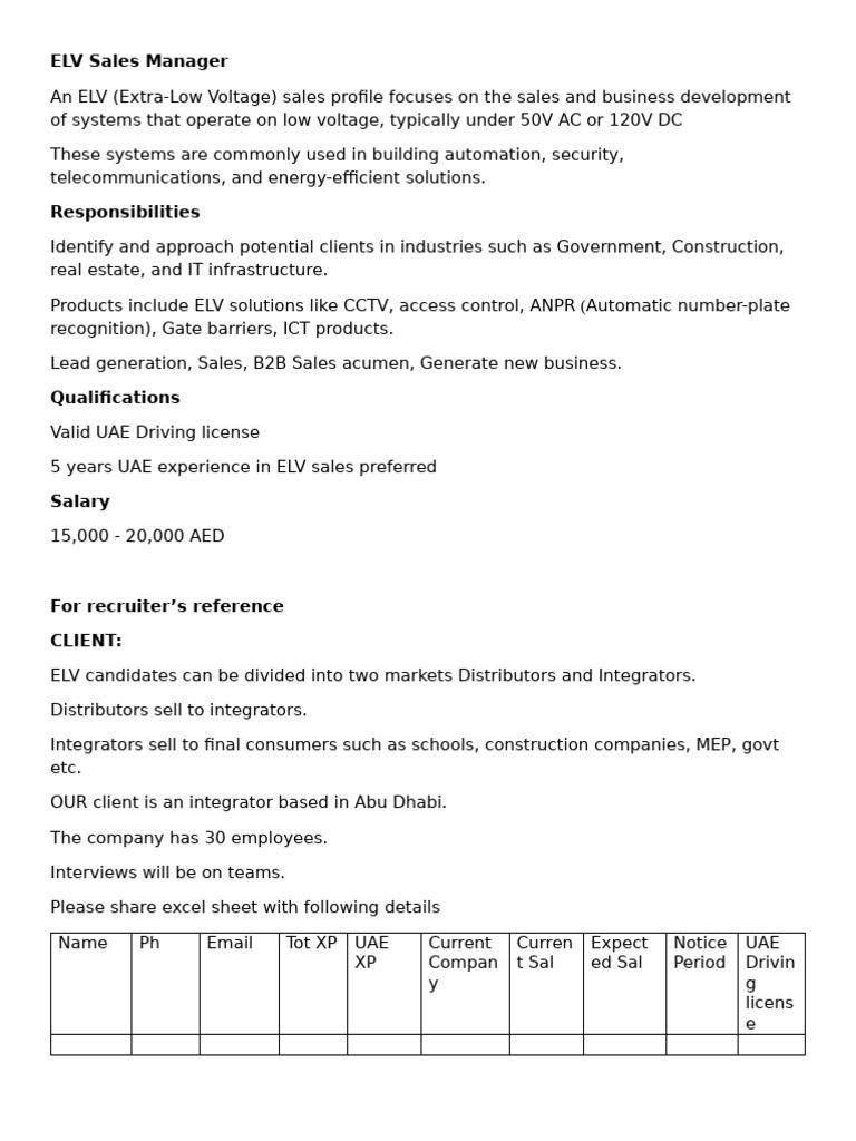 ELV Sales Manager Role Overview | PDF