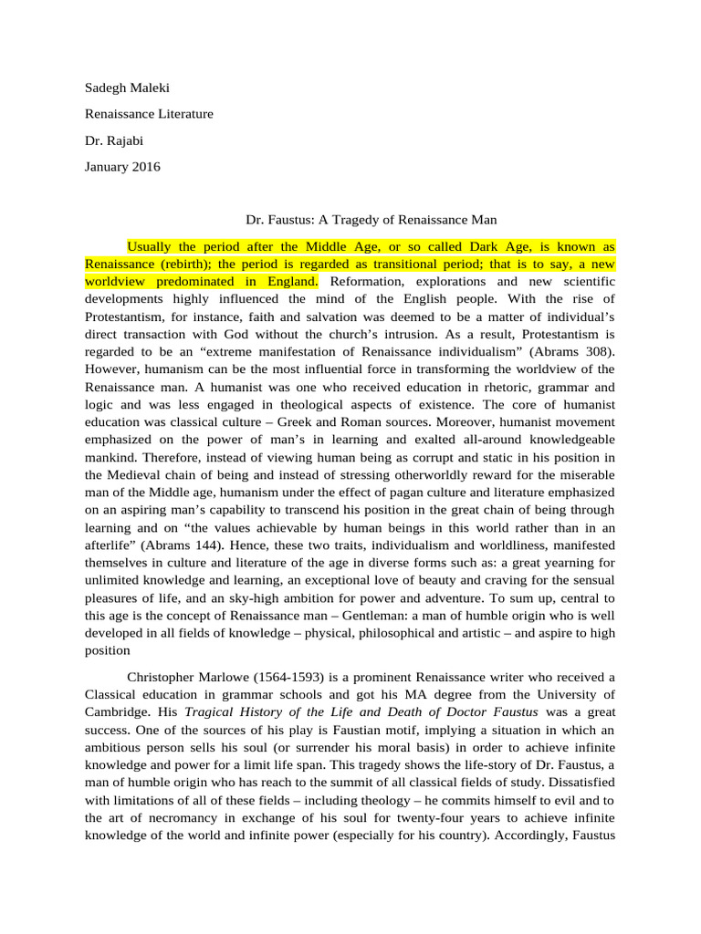 DR Faustus A Tragedy of The Renaissance | PDF | Satan | Humanism