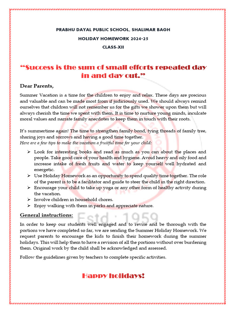 Class-Xii Holiday Homework (2024-25) Science | PDF | Matrix (Mathematics) | Function (Mathematics)