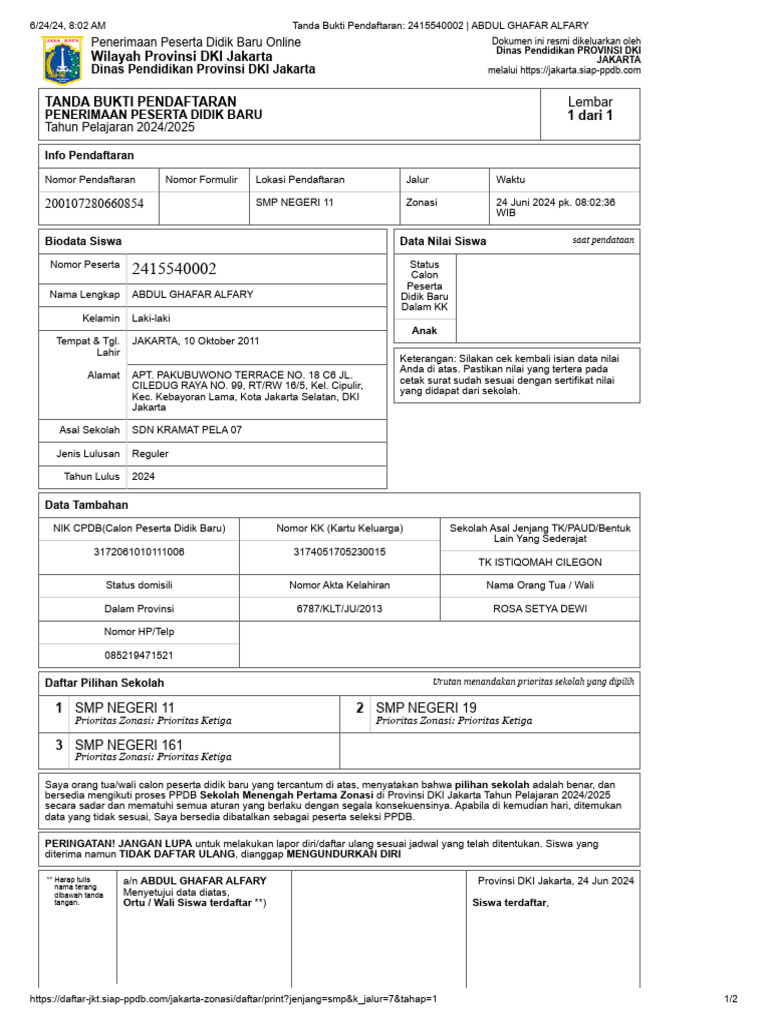 Tanda Bukti Pendaftaran - 2415540002 - ABDUL GHAFAR ALFARY | PDF