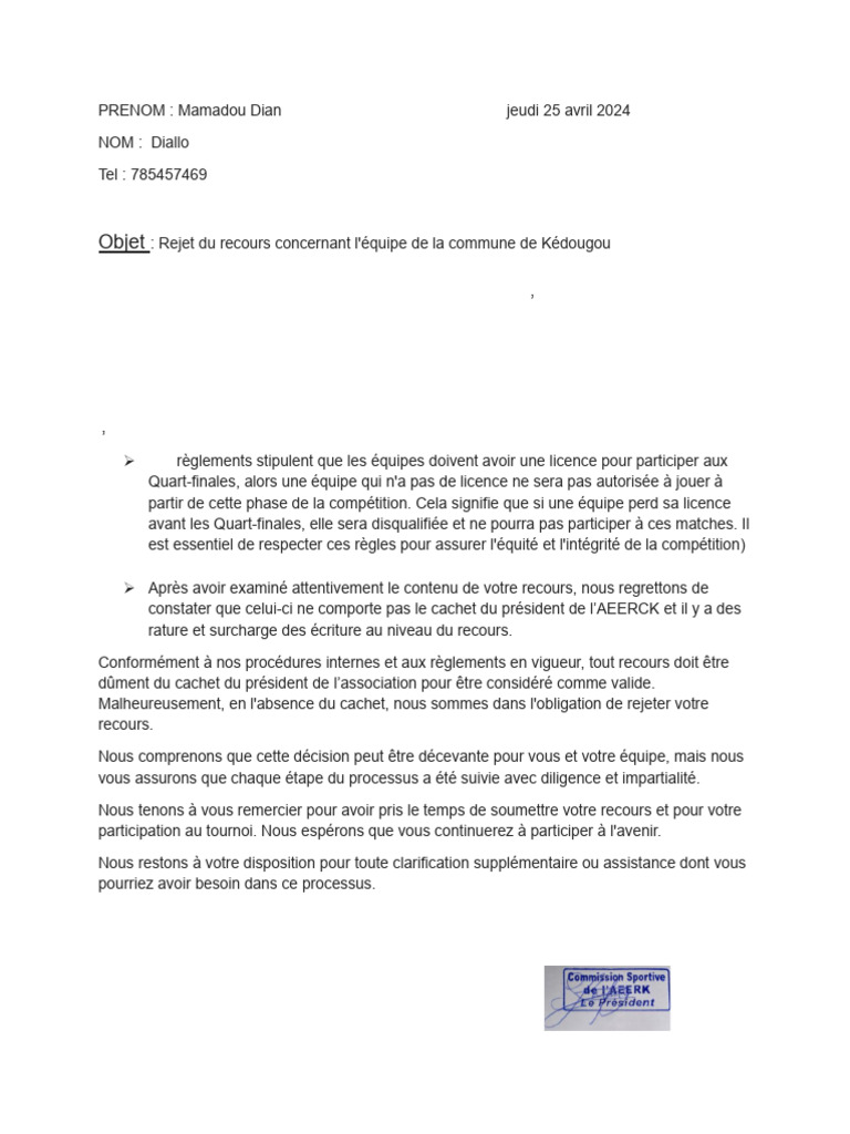 Rejet du recours de l'équipe Kédougou | PDF