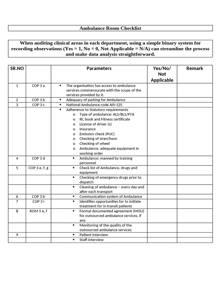 Ambulance Room Checklist | PDF | Ambulance | Social Programs