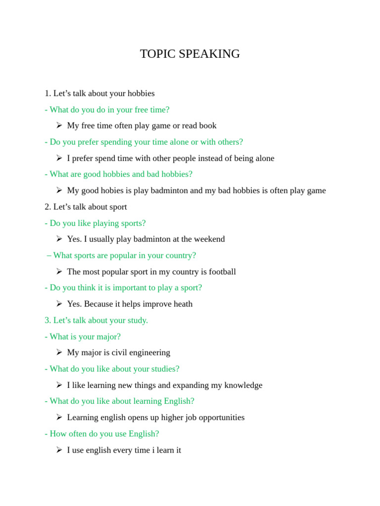 Topic Speaking (Part 1) | PDF