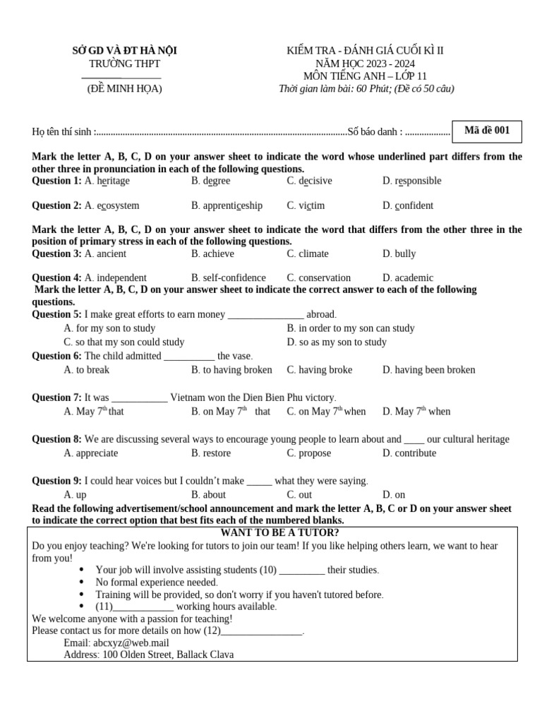 De-kiem-tra-HK2-Tieng-Anh-11-23-24-So-GD-Ha-Noi | PDF | Child Marriage
