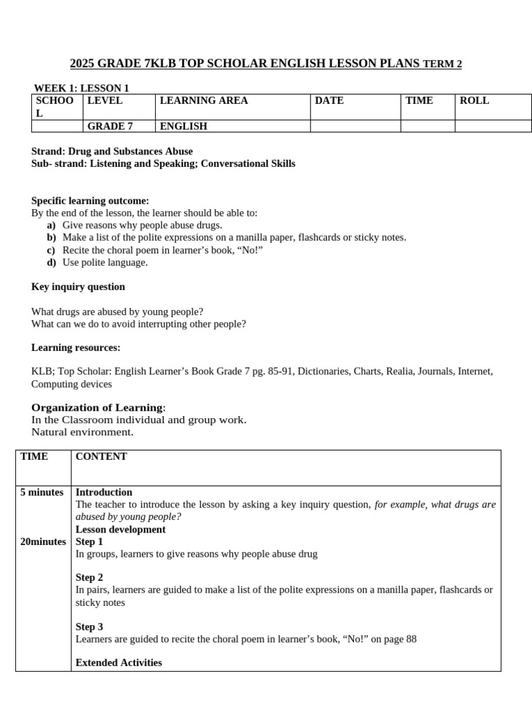 Grade 7 Term 2 English Lesson Plans | PDF | Learning | English As A ...