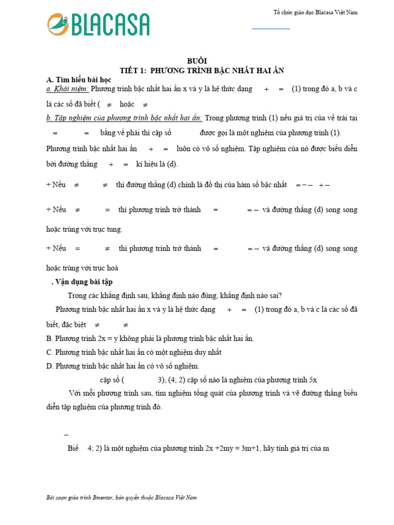 Buoi 16 Phuong Trinh Bac Nhat Hai An Ly Thuyet Va Bai Tap | PDF