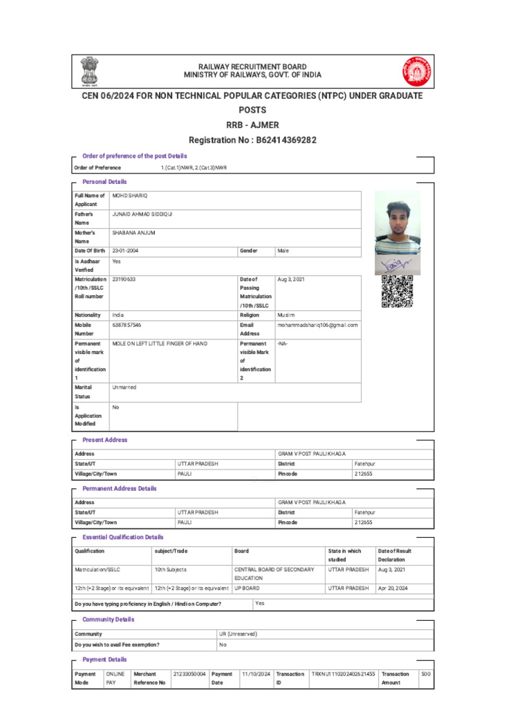 Rrbapply.gov.in # Pscexamservice Candidate View Application Id=a7ed128f ...