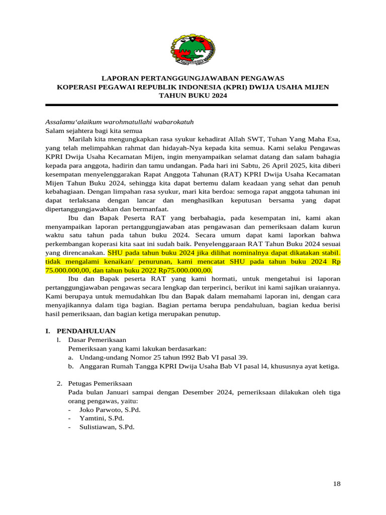 Laporan Pengawas 1 2024 | PDF