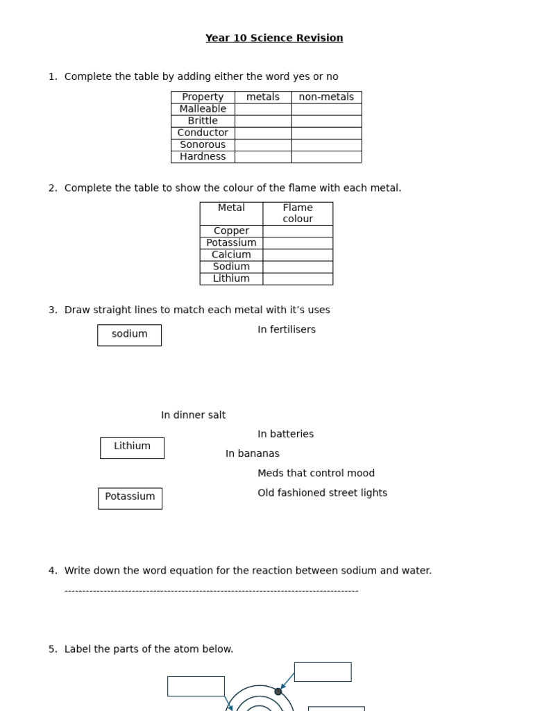 Year 10 Term 2 Revision Questions | PDF | Oxide | Hydroxide
