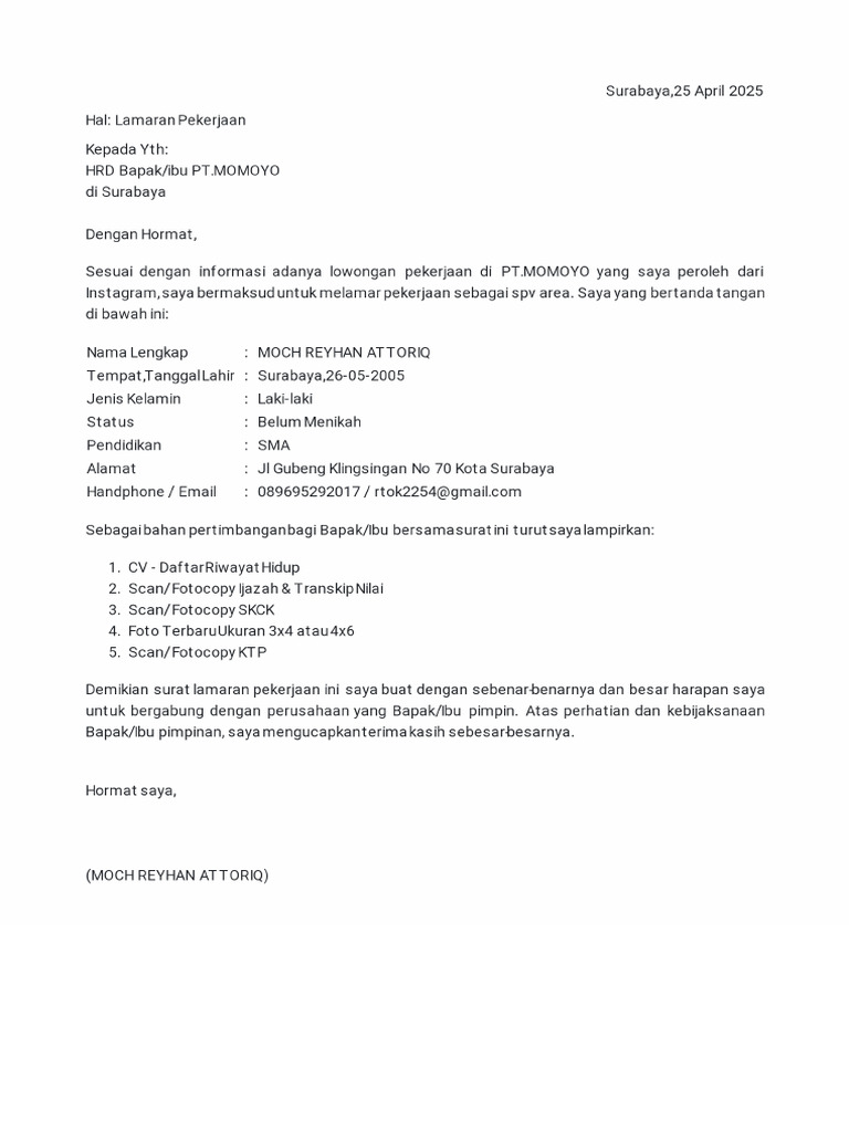 Lamaran-PT MOMOYO | PDF