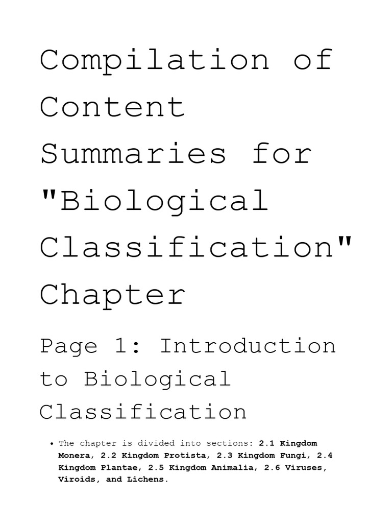 Compilation of Content Summaries For Biological Classification Chapter ...
