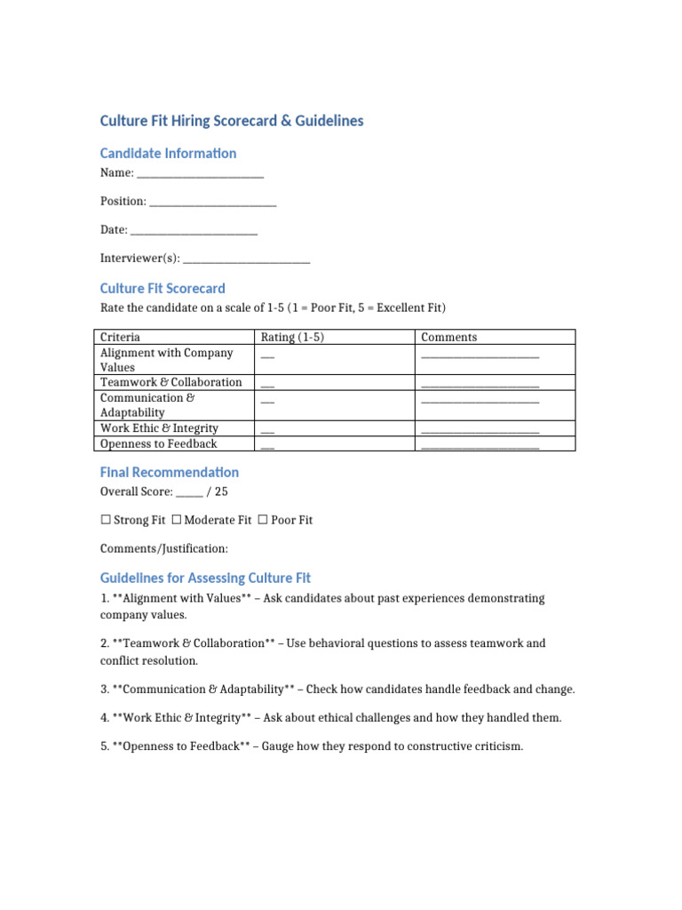 Culture Fit Hiring Scorecard Guide | PDF